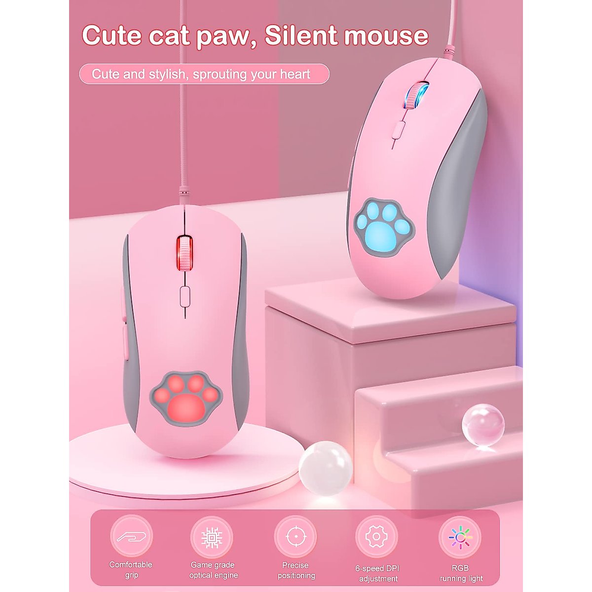 PHNIXGAM Cat Paw RGB Gaming Mouse, Silent Optical Computer Mice USB Wired with 6 Adjustable DPI Up to 7200, RGB Lighting, 6 Programmable Buttons for Windows/Vista/Linux (Pink)