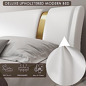 TTVIEW Modern Faux Leather Upholstered Platform Bed Frame with Golden Iron Metal Decor, Adjustable Curved Headboard, Wooden Slats Support, No Box Spring Needed, Queen Size, White