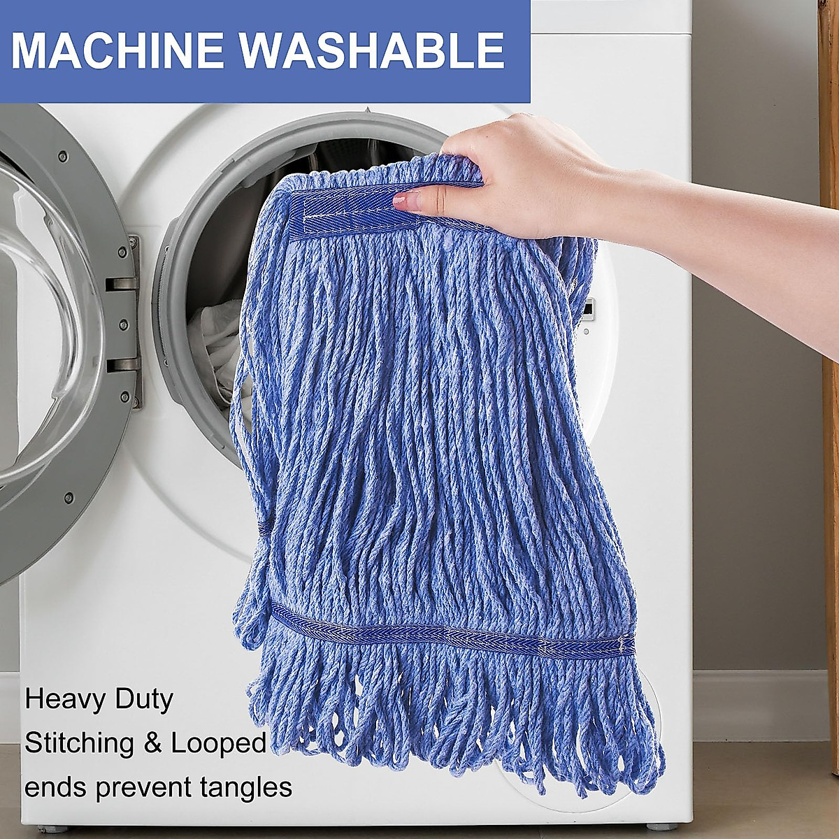 GRAREND Mop Head Replacement for Heavy Duty Commercial Mops for Floor Cleaning, Wet Industrial Blue Cotton Looped End String Head Refill (Pack of 4)