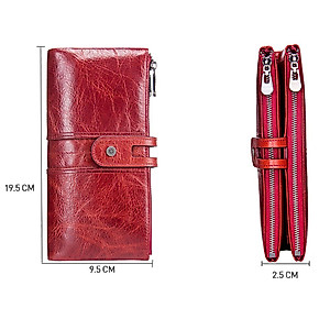 Contacts Womens Clutch Wallet Leather Checkbook Purse for Women Bifold Long Zipper Wallet Phone Card Holder (Red)