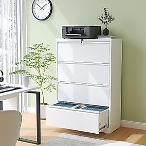 BIZOEIRON 4 Drawer Lateral File Cabinet with Lock, Metal Filing Cabinets for Home Office, Steel Storage Wide File Cabinet for Letter/Legal/F4/A4 Size with Hanging Bars, Assembly Required (White)