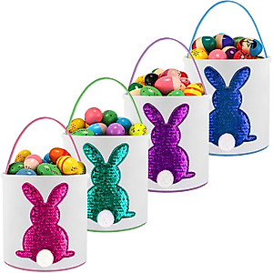 4 Pcs Easter Basket Bags Canvas Bunny Basket Egg Bag Bunny Tote Bag Easter Eggs Hunt Basket Bucket Rabbit Fluffy Tails Party Celebrate Toys Carry Candy Egg Bucket Rabbit Print Buckets for Gift Sets