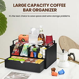 Coffee Bar Organizer for Countertop, Wood Coffee Station Organizer with Drawer, K Cup Organizer Coffee Pods Holder with Handle, Rustic Coffee Bar Accessories Condiment Organizer for Coffee Bar Decor