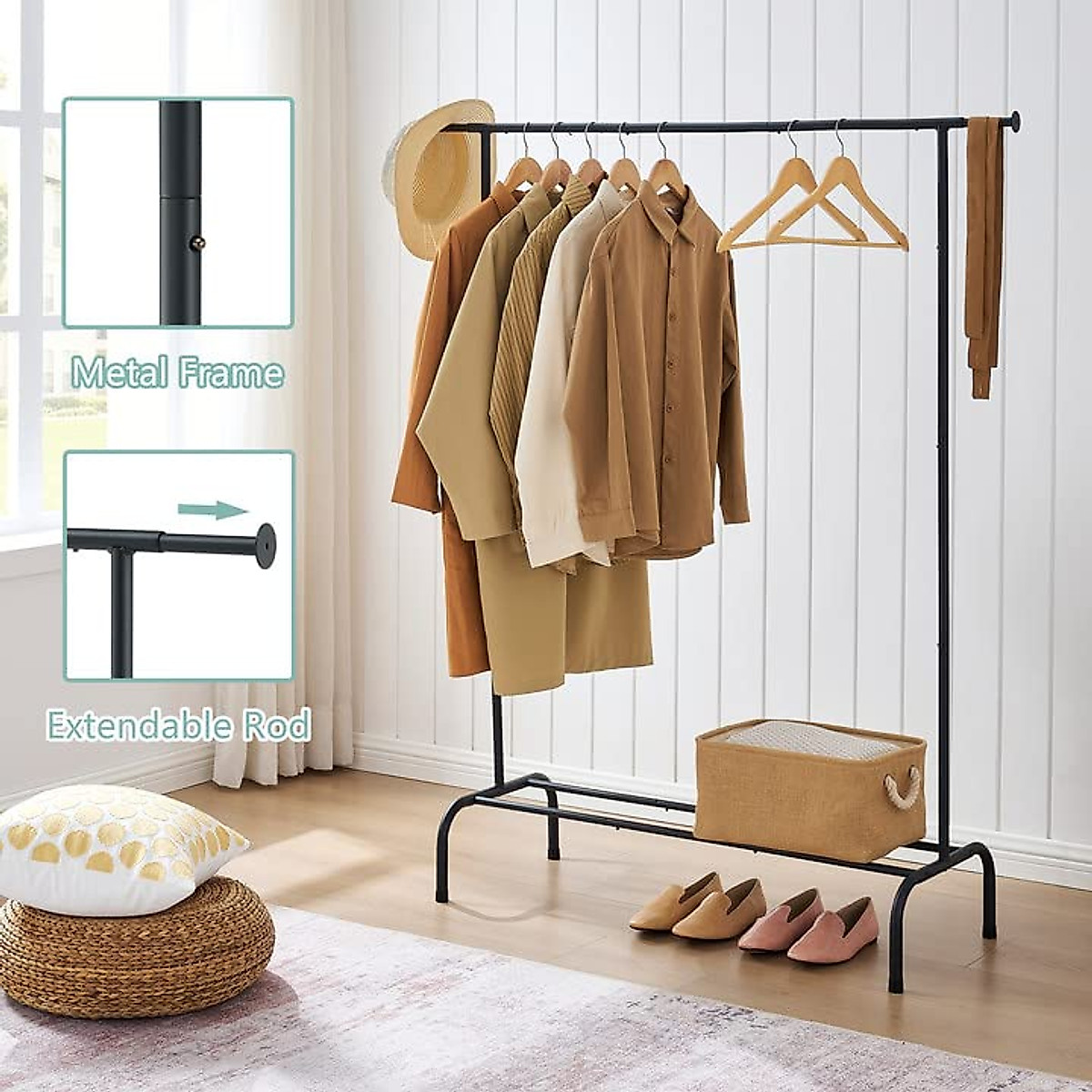 Gewudraw Clothes Rack, Metal Clothing Garment Rack, Extendable Freestanding Closet Wardrobe Rack Simple Clothing Organizer for Hanging Clothes