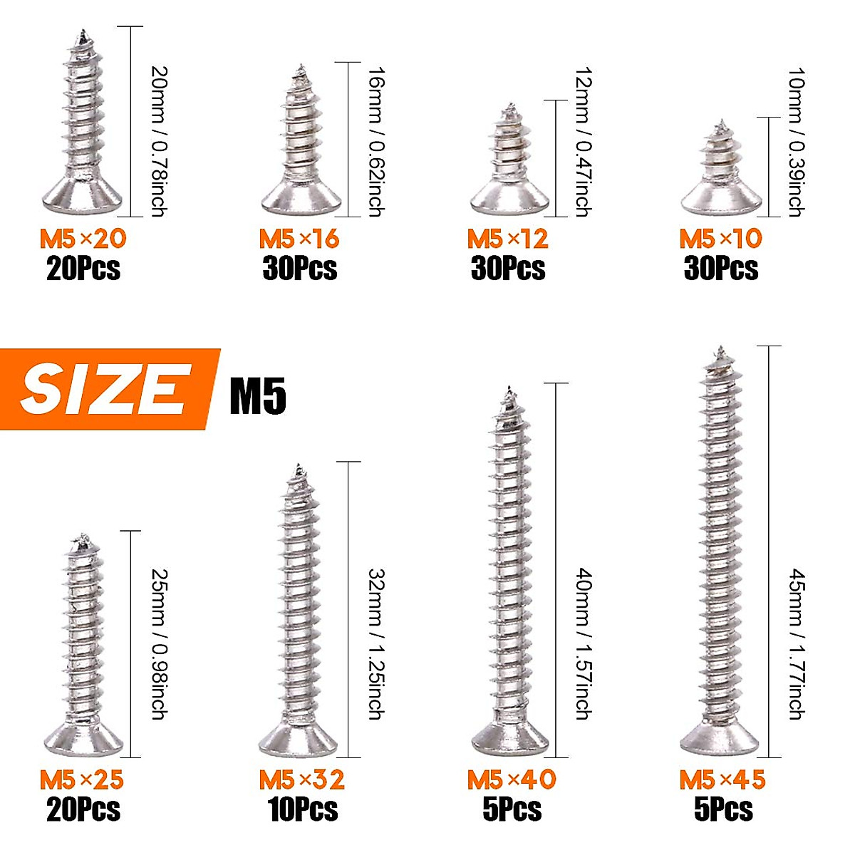 Rustark 150Pcs M5 [10-45mm] 304 Stainless Steel Flat Head Phillips Cross Wood Screw Self Tapping Drilling Screws Assortment Kit