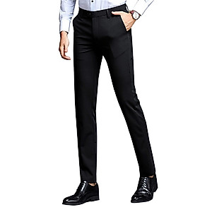 Men's Slim Fit Skinny Stretch Pant Classic Solid Color Tapered Suit Pant Lightweight Business Comfort Trousers (Black,36)