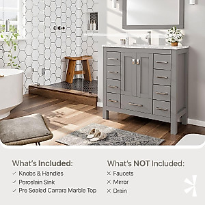 Eviva Bathroom Vanity Cabinet 36in White - Solid Wood w/9 Drawers, Porcelain Sink & Marble Countertop - Gray