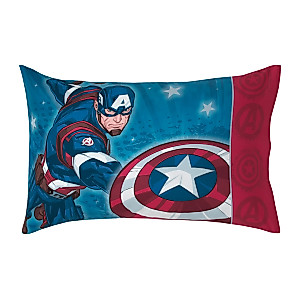 Marvel Captain America Red, White, and Blue 4 Piece Toddler Bed Set - Comforter, Fitted Bottom Sheet, Flat Top Sheet and Reversible Pillowcase