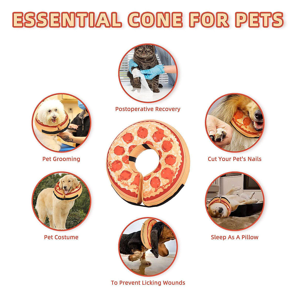 Inflatable Dog Cone Collar，Soft Protective Collar for Dogs and Cats Recovery Pet Cone, E-Collar Dog Neck Pizza Dog Cone After Surgery（No Pump）