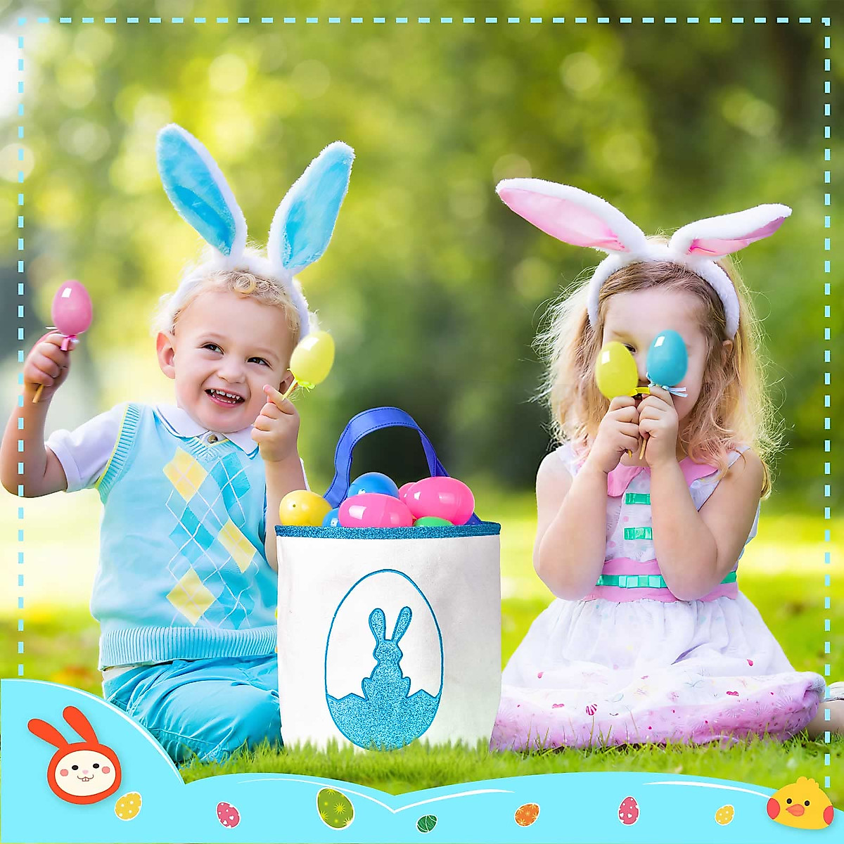 FUN LITTLE TOYS Kids Easter Basket Canvas Easter Bunny Bag for Kids Large Pink Easter Basket