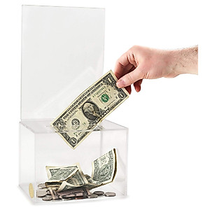Acrylic Charity Donation Ballot Box Fundraising Coin Collection Tip Box 6.5" x 5" x 5" Office Suggestion Box Piggy Bank Ticket Box with Large 8.5" x 6.5" Display Area with Lock and Keys
