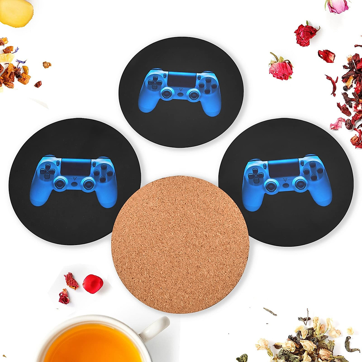 Video Game Joystick Gamepad in Blue Neon Lights Isolated on Black 4 Pcs Tea Wooden Round Coaster Set, Non-Slip Lightweight Wooden Coaster for Party Home Office Kitchen Bar Coffee Table