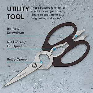 Messermeister 8-Inch Take-Apart Kitchen Scissors, Black - Includes Screwdriver, Nut Cracker, Jar Lid Opener/Gripper, Bottle Opener & Bone + Twig Cutter - Suitable for Lefties & Righties