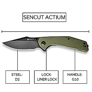SENCUT Actium Folding Pocket Knife, 3.46'' D2 Satin Blade wood Handle, Liner Lock Flipper Knife with Ceramic Ball Bearing, Good For Outdoor Hiking Camping SA02E (OD Green)