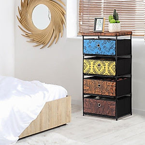 Dresser for Bedroom, 4 Tier Fabric Dresser Tower for Clothes, Drawers Storage with Four Drawers Nightstand with Drawers Retro Cloth Dressers for Bedroom, 16.5 * 12.9 * 33.0in