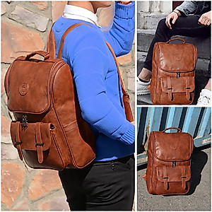 LOTCAIN Vintage Faux Leather Backpack, Slim Laptop Backpack Travel Waterproof Pack College School Bookbag Weekend Daypack Bag for Men Women,Brown