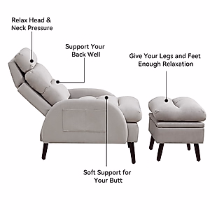 HOMYKA Accent Chair with Ottoman,Reclining Reading Armchair with Adjustable Backrest,Velvet Comfy Lounge Chair with Side Pocket for Living Room Bedroom, Grey