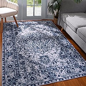 YJ.GWL Boho Area Rug 4x6, Persian Washable Bedroom Rug, Soft Oriental Distressed Accent Rugs for Living Room Dining Room, Non-Slip Non-Shedding Low-Pile Entryway Rug Floor Carpet, Blue