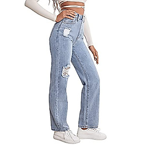 SweatyRocks Women's High Waist Straight Leg Jeans Ripped Distressed Denim Pants Light Blue S