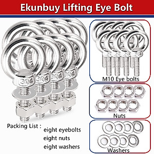 Lifting Shoulder Eye Bolts, Ekunbuy Screw Bolt 304 Stainless Steel Heavy Duty Lifting Ring Threaded Eyebolts with Washers and Nuts for Indoor Outdoor
