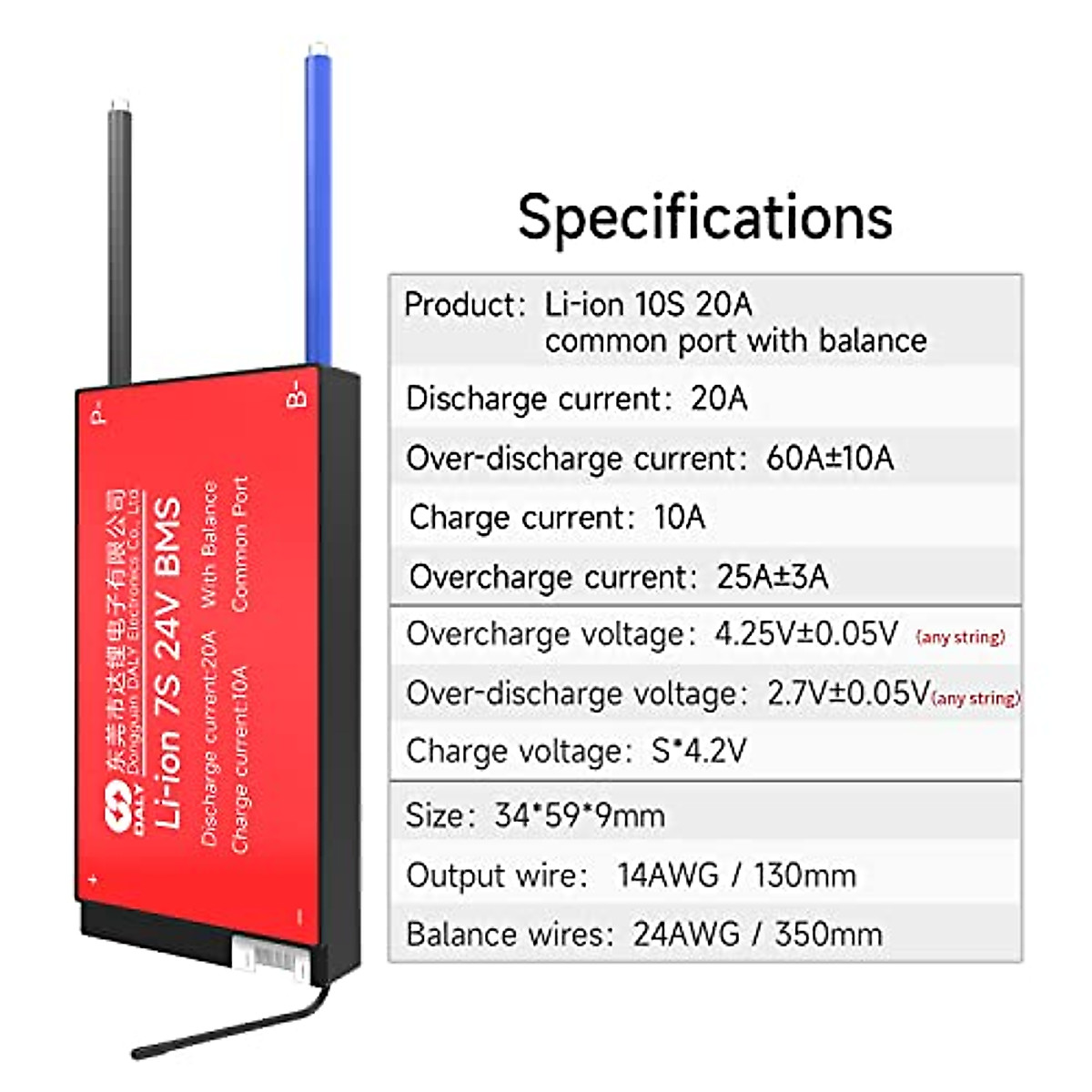 DALY BMS 10S 36V 20A Li-ion Battery Protection Module PCB Protection Board with Balance Leads Wires BMS for 18650 Battery Pack 36V(Standard BMS,20A)