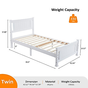 VINGLI Twin Bed Frame Solid Wood Platform Bed Frame, Single Bed with Headboard, No Box Spring Needed Panel Bed, Wood Slat Support Mattress Foundation, White