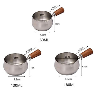 Mini Sauce Pan Wooden Handle 60ml/120ml/180ml Reusable 304 Stainless Steel Butter warmer Milk Warmer, Chocolate Melting Pot(60ml,silver)