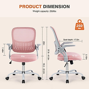 Sweetcrispy Office Computer Desk Chair, Ergonomic Mid-Back Mesh Rolling Work Swivel Task Chairs with Wheels, Comfortable Lumbar Support, Comfy Flip-up Arms for Home, Bedroom, Study, Student, Pink