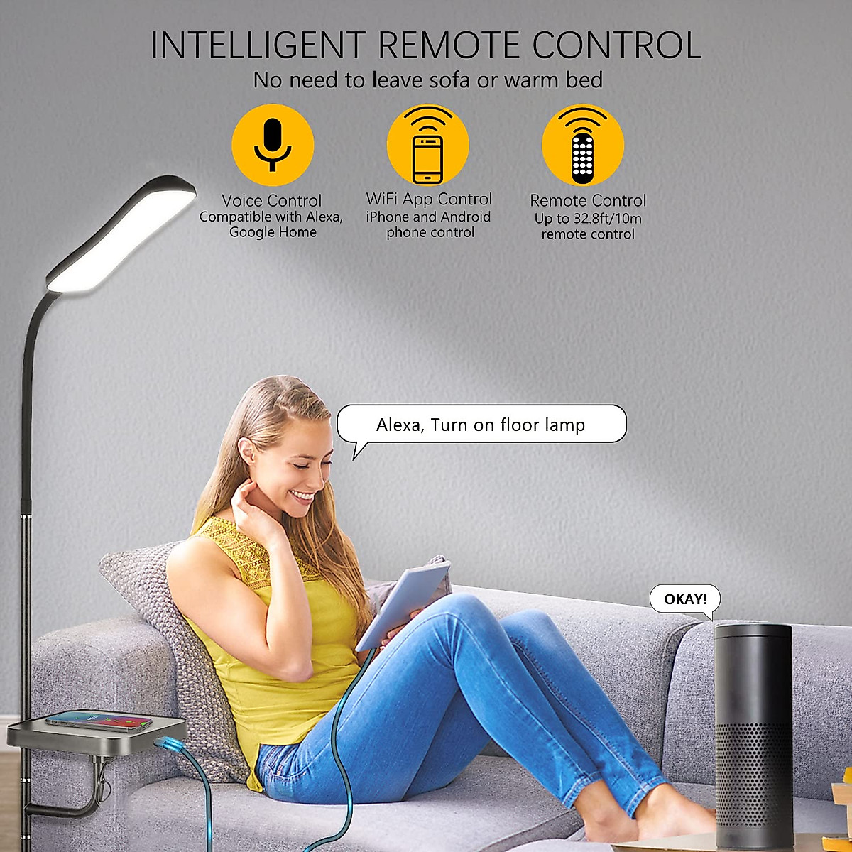 GMK Smart LED Floor Lamp, 12W Bright Standing Lamp with Wireless Charger, Stepless Adjustable 2700-6500K Modern Floor Lamp, Reading Floor Lamp with Remote & Voice Control for Living Room, Bedroom