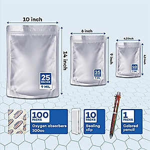 IOSSA 100 Pcs Mylar Bags for Food Storage with Oxygen Absorbers 100x300cc, Resealable Locked Long Term Food Storage, Stand-Up Zipper Pouches, Mylar Bag with Labels & Clips & Pen
