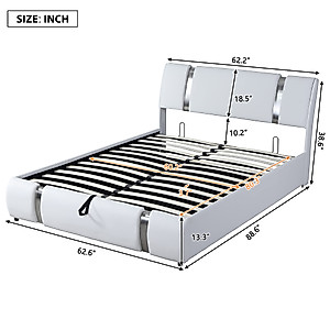 EMKK Lift Up Storage Platform Bed Frame Upholstered Queen Size beds with Upholstered Faux Leather Headboard Wooden Slat Support and Hydraulic Under Bed Storage