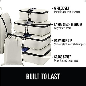 Gorilla Grip 6 Piece Packing Cubes Set, Compression Space Saving Organizers for Suitcases and Luggage, Mesh Window Bags, Travel Essentials for Carry On, Clothes and Shoes, Cube with Zipper, White