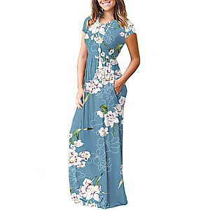 AUSELILY Women's Short Sleeve Loose Plain Casual Long Maxi Dresses for Women 2024 Floral Light Blue XL