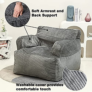 WELL-STRONG Bean Bag Chair, Comfy Lounge Chair with Armrest and Back Support, Memory Foam Filled Sofa Chair with Washable Cover for Bedroom, Living Room Soft Sofa Furniture for Men, Women, Dark Grey