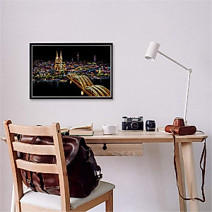 Ameolela Rainbow Scratch Painting Paper, Sketch DIY Art Craft City Series Night View Creative Gift, Scratchboard for Adults and Kids, Craft Kits with 4 Tools, 16x11 inches（Cologne Cathedral）