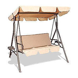 GOLDSUN 3 Person Outdoor Weather Resistant Patio Glider Swing Hammock with Utility Tray, Removable Cushion, & Canopy for Patio, Garden, or Deck, Beige