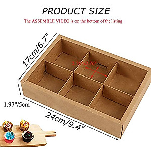 12 Packs Cupcake Boxes,Brown Kraft Treats Gift Boxes with Inserts and Display Windows,Cupcake Containers for Baking Pastries Goodies Biscuits(6 Lattices)
