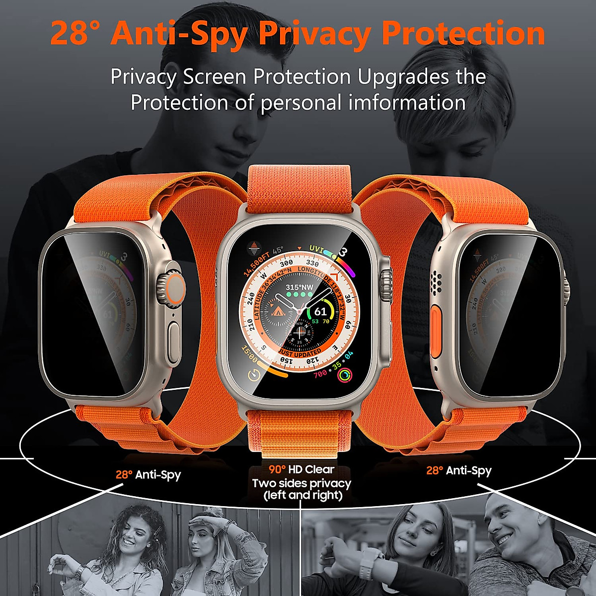 UniqueMe Privacy Screen Protector for Apple Watch Ultra 2 / Apple Watch Ultra 49mm - Tempered Glass Military-Grade Shockproof Case-Friendly Anti-Scratch Bubble-Free Cover for iWatch Ultra, 4 Pack