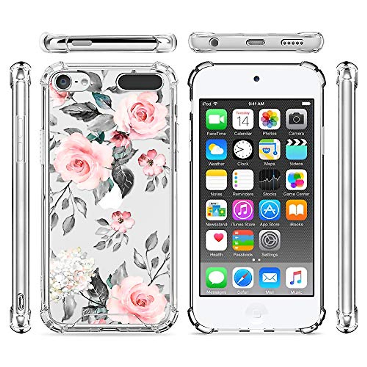 OOK Designed for iPod Touch 5 6 7 Case Rose Floral Design with Neck Strap Lanyard for Women Girls Protective Clear Transparent Bumper Case Cute Grey Pink Flower for iPod Touch 7th/ 6th/ 5th Gen