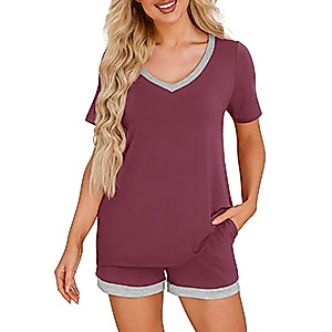 PrinStory Women's Pajama Set Short Sleeve Shirt and Shorts Sleepwear Pjs Sets with Pockets Purple Red-X-Large