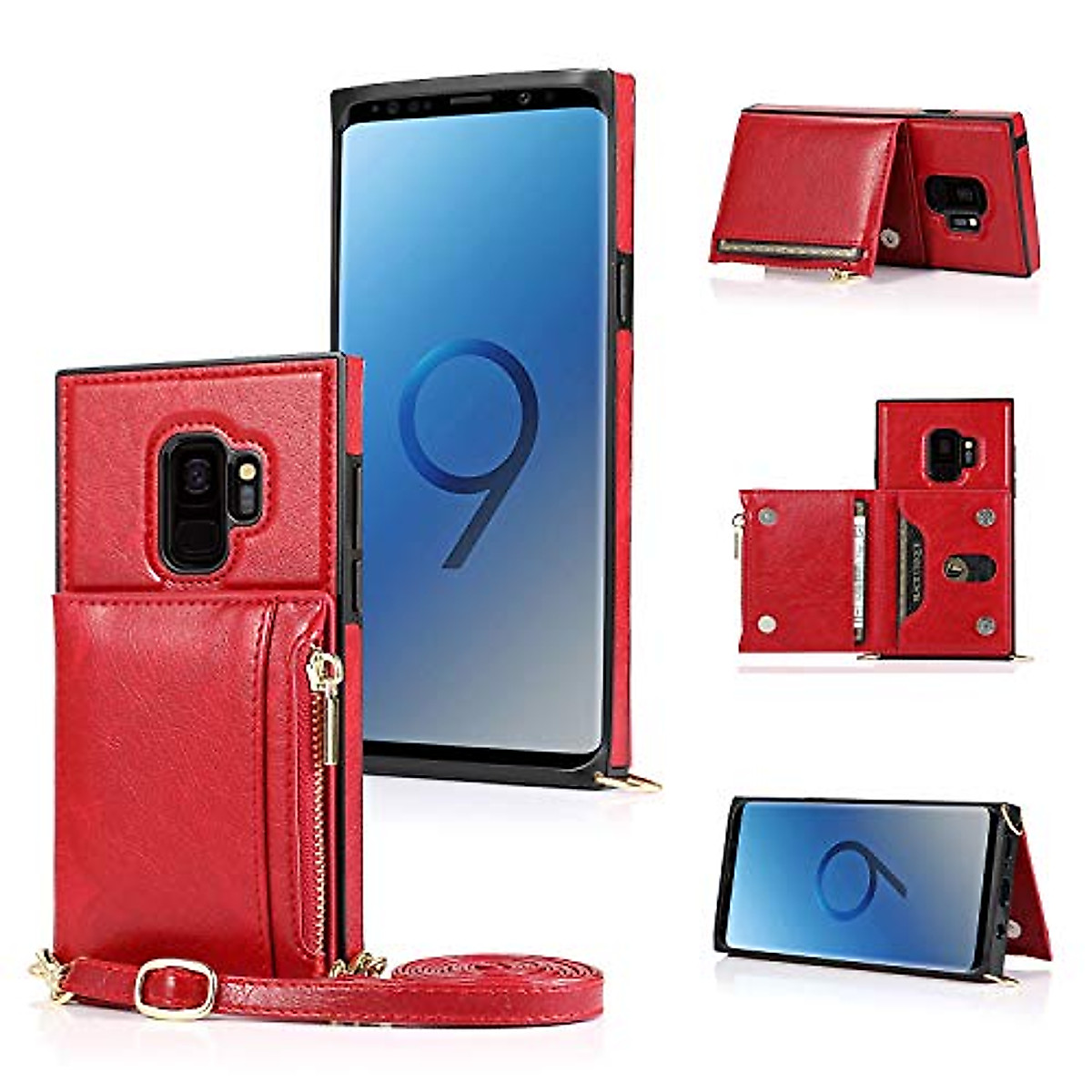 KIHUWEY Galaxy S9 Case Crossbody Lanyard Zipper Wallet with Credit Card Holder and Wrist Strap,Protective Purse Cover for Samsung Galaxy S9 Red