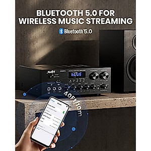 Moukey Home Audio Amplifier Stereo Receivers with Bluetooth 5.0, 220W 2 Channel Power Amplifier Stereo System, w/USB, SD, AUX, MIC in w/Echo, LED for Home Theater Speakers via RCA, Studio Use - MAMP1