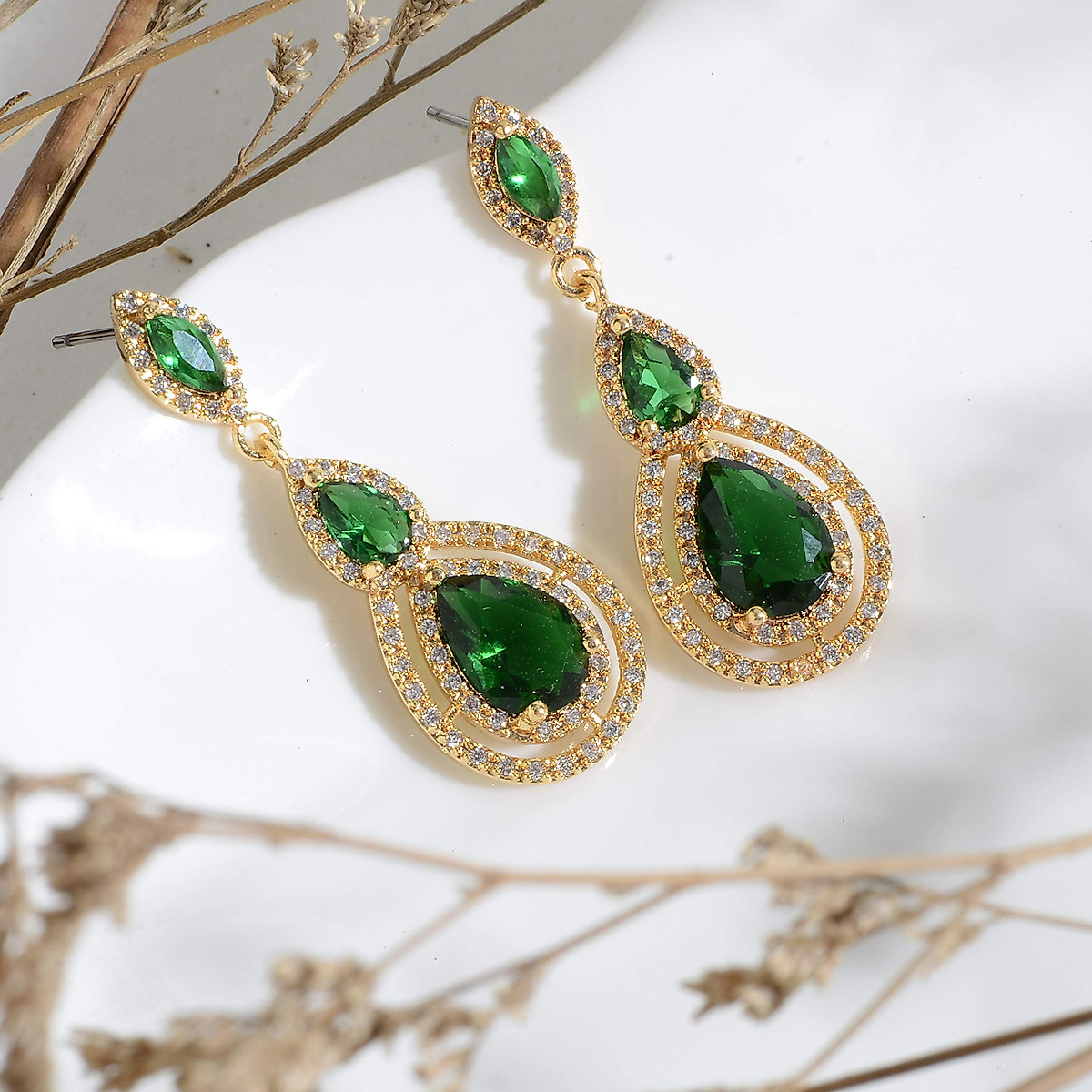 Emerald Green Cubic Zirconia Earrings - Elegant Sterling Silver CZ Teardrop Wedding Party Prom Earrings for Bride Bridesmaids Crystal CZ Rhinestone Dangle Drop Earrings for Women Hypoallergenic