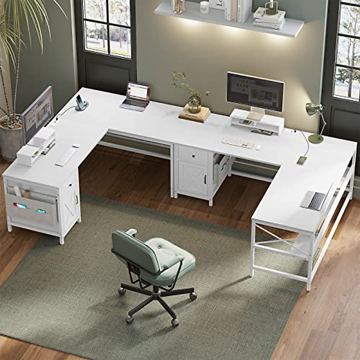 SEDETA L Shaped Computer Desk, Convertible 86.6" Home Office Desk or Corner Desk, L Office Desk with Drawer, Power Strip, Storage Cabinet, Monitor Stand & Storage Bag, White