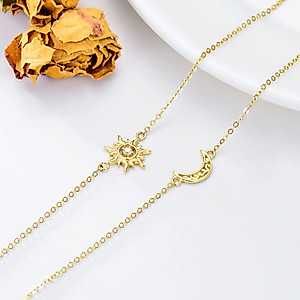 14K Gold Sun and Moon Bracelets for Women Real Yellow Gold Crescent Moon Layered Link Bracelets Christmas/Birthday Gift for Wife Mom Friend Her 7''+1''+1'' inch (Sun Moon)