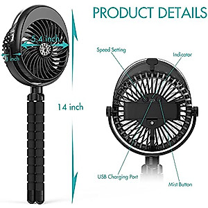 COMLIFE Misting Baby Stroller Fan, 270° & 360° Pivoting Portable Fan, Battery Operated USB Fan, Handheld Misting Fan, with Flexible Tripod Clip on Car Seat Crib Bike Treadmill Bunk Bed