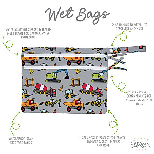 BapronBaby Construction Zone Wet Dry Bag - Waterproof Two Zipper Pockets - Reusable for Mealtime, Diapers, Stroller, Snacks, Swimsuits - Machine Washable - 11" x 9"