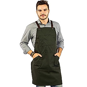 Under NY Sky Essential Army Green Apron – Cross-Back with Durable Twill and Leather Reinforcement – Adjustable for Men and Women – Pro Chef, Tattoo Artist, Baker, Barista, Bartender, Server Aprons