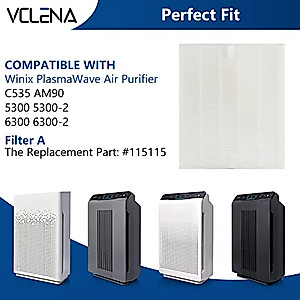 115115 Replacement Filter A True HEPA Compatible with Winix C535 HEPA Filter Winix 5300, 5300-2, 6300, 6300-2, P300 PlasmaWave Air Purifier Filter, Compare to Part #115115 Size 21(3 Pack) …