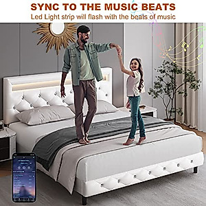 Modern Upholstered Platform Bed Frame with LED Headboard, Faux Leather Low Profile Platform Bed Frame, Strong Wood Slat Support, Adjustable Upholstered Headboard, Easy Assembly, White, Queen Size
